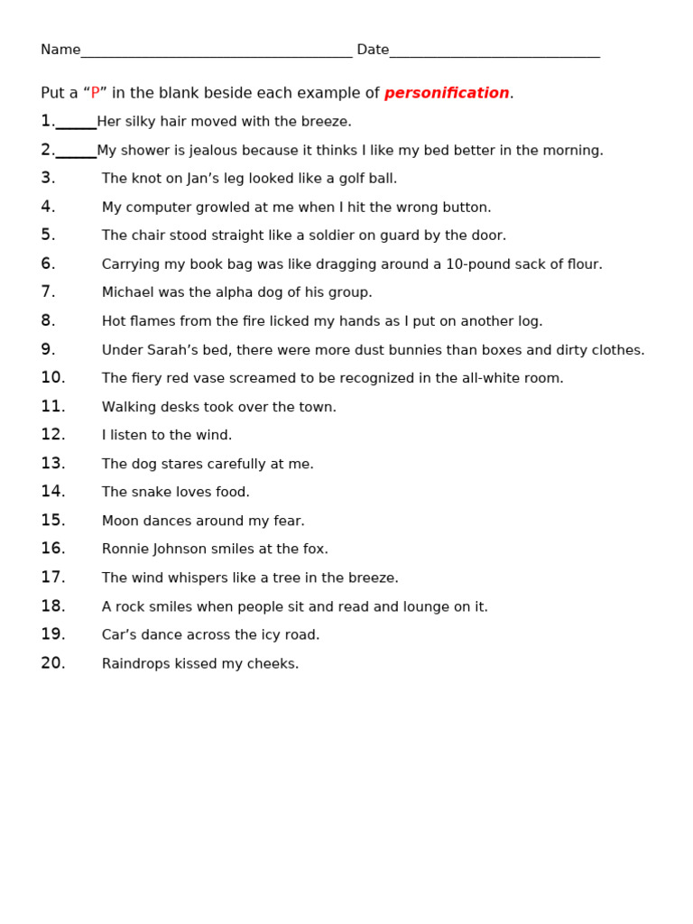 Personification Identification Worksheet | PDF