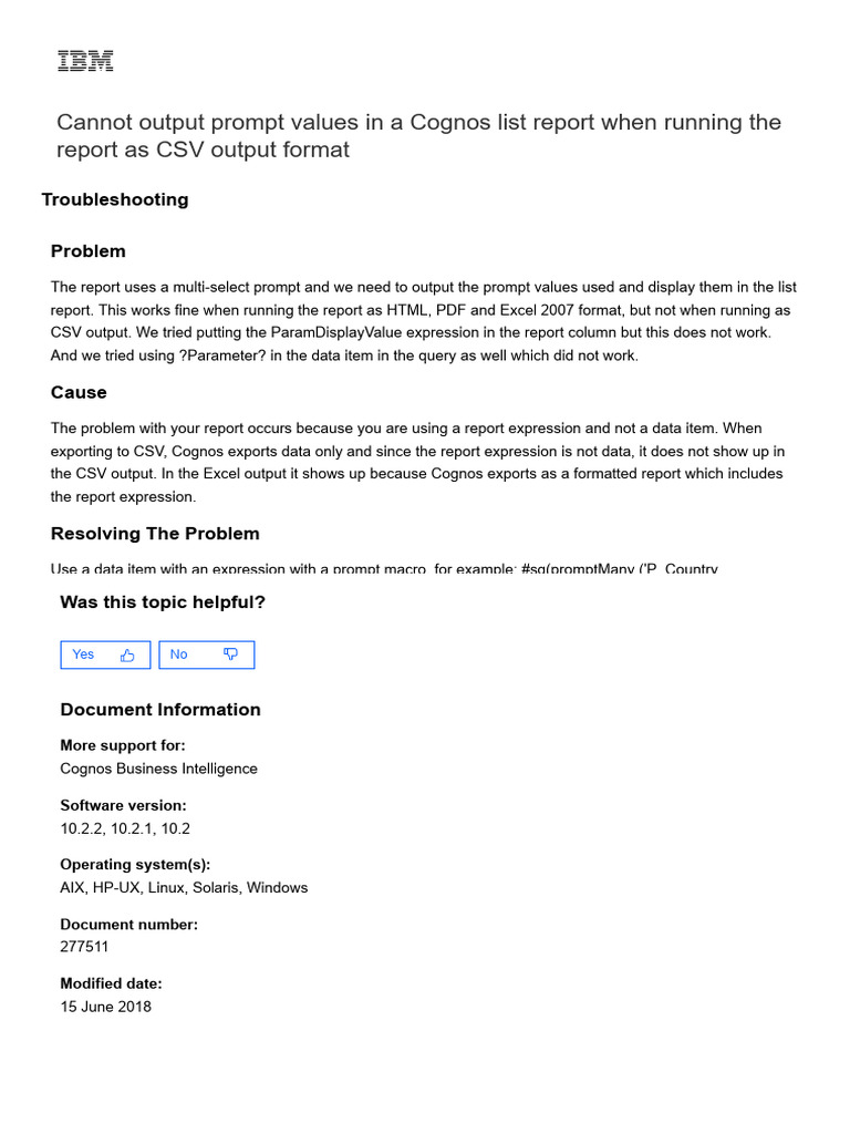 Cannot Output Prompt Values in A Cognos List Report When Running The ...