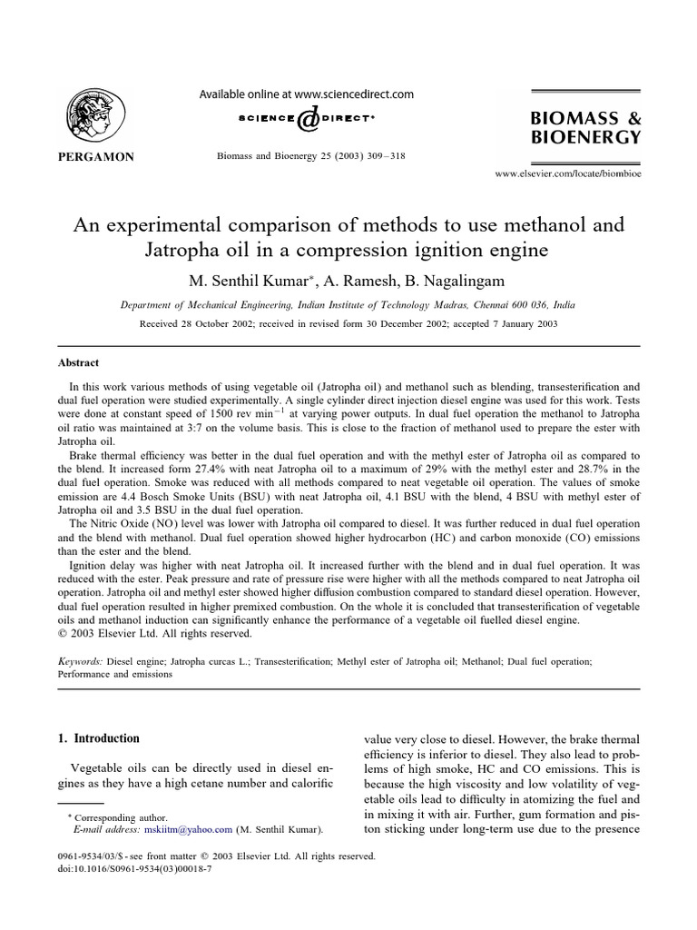 An experimental comparison of methods to use methanol and Jatropha oil ...