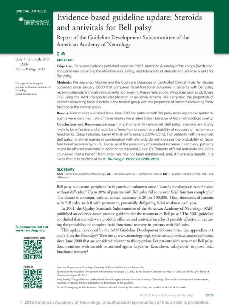 Gronseth Paduga 2012 Evidence Based Guideline Update Steroids and Antivirals For Bell Palsy ...