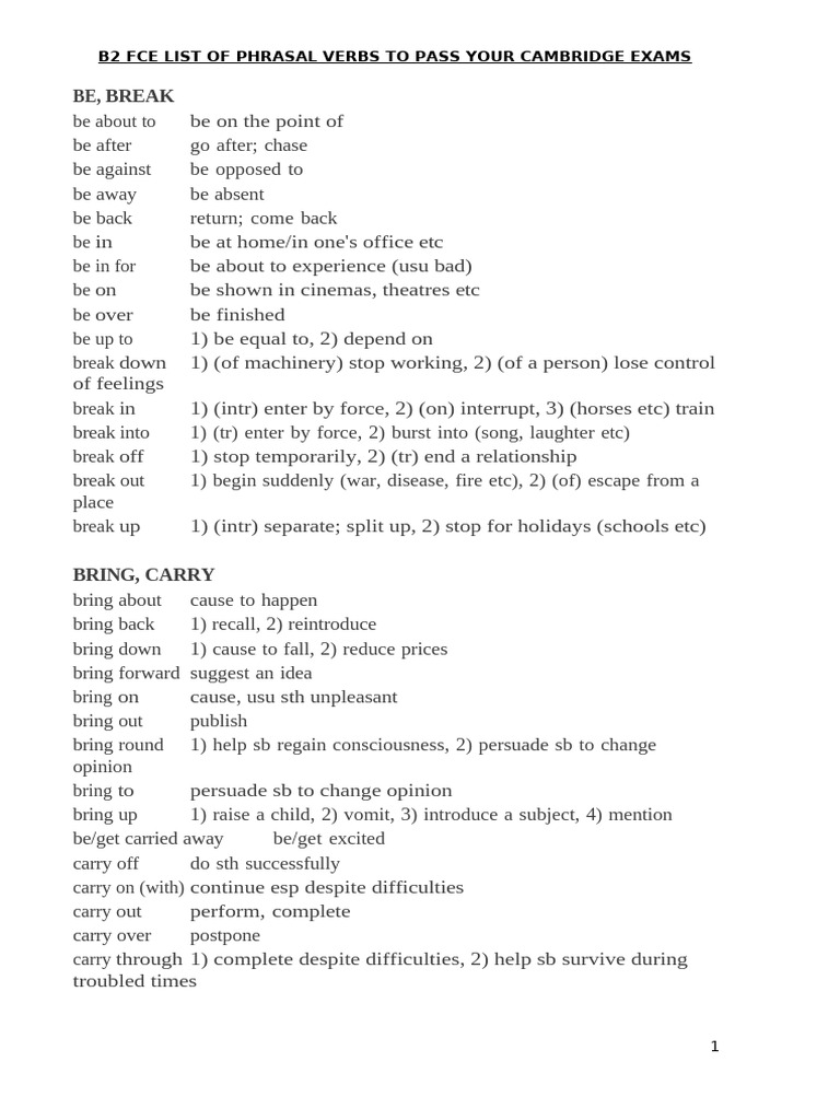 B2 FCE LIST OF PHRASAL VERBS TO PASS CAMBRIDGE and EOI OFFICIAL EXAMS | PDF