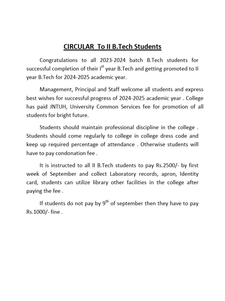 II B.Tech Students: Fee Payment Notice | PDF