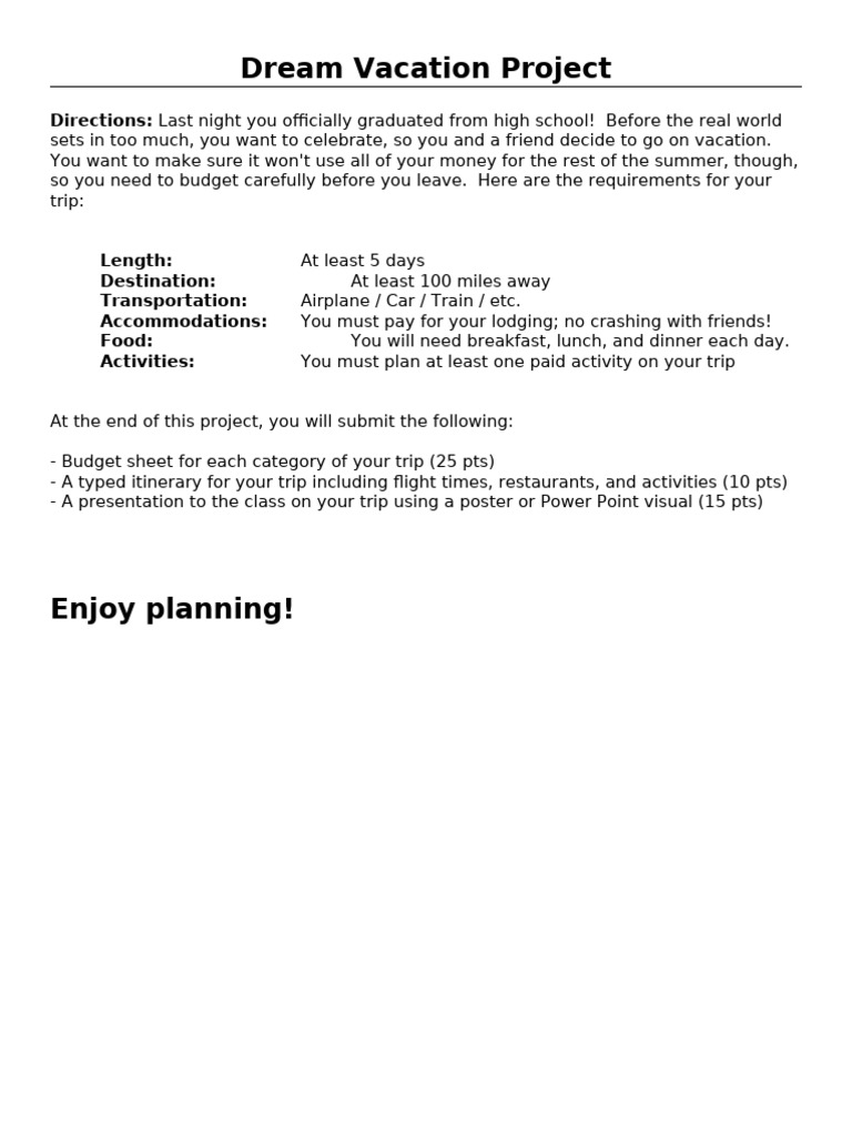 Dream Vacation Mathand Finance Project Can Be Used For Distance ...