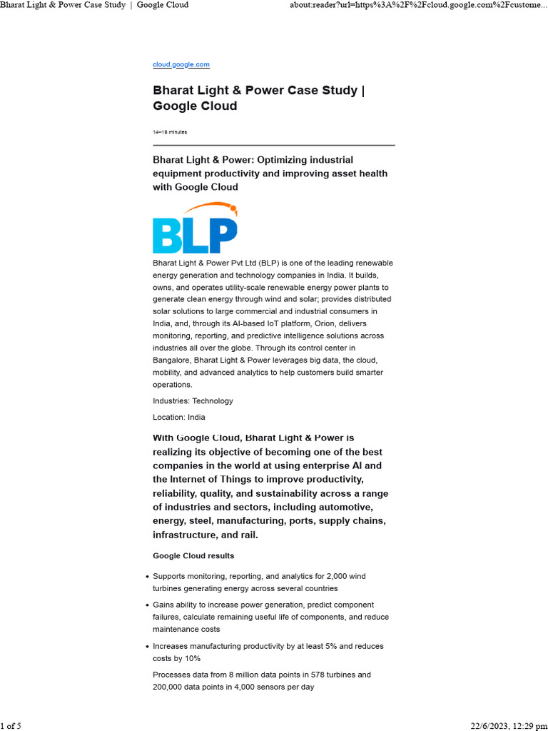 Bharat Light and Power Case Study - Google Cloud | PDF | Internet Of Things | Cloud Computing