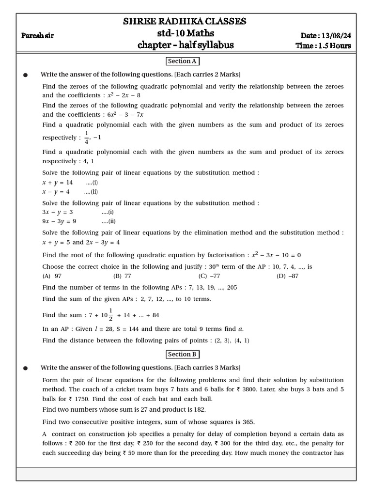 Chapter Halfsyllabus - D13 Aug 2024 | PDF | Polynomial | Equations