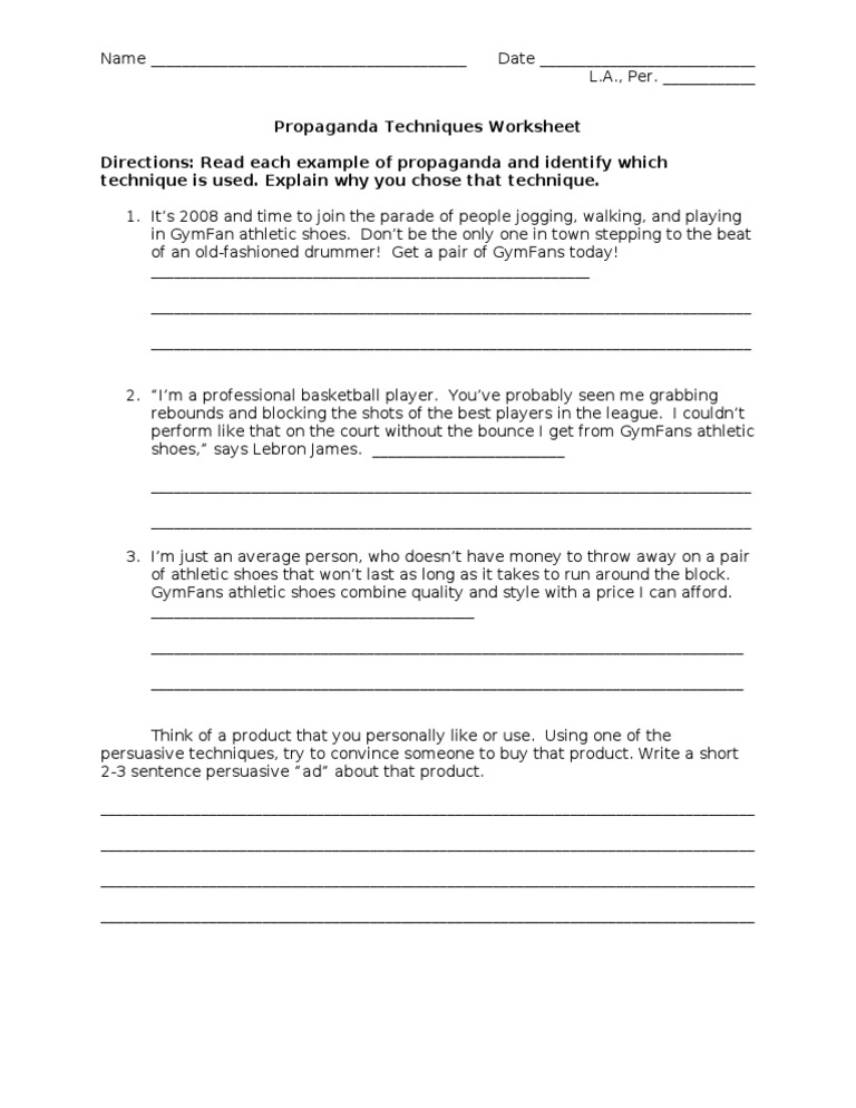 Propaganda Techniques Worksheet | PDF