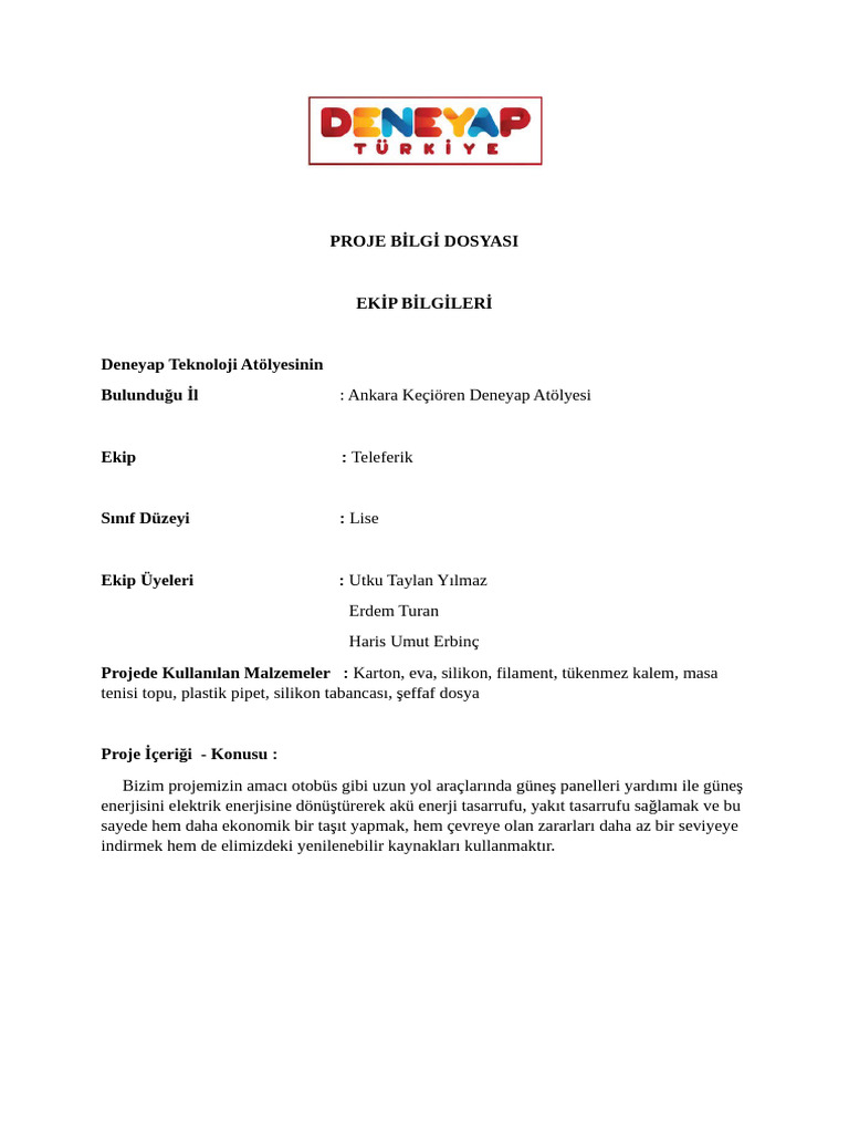PROJE BİLGİ DOSYASI (Teleferik) | PDF