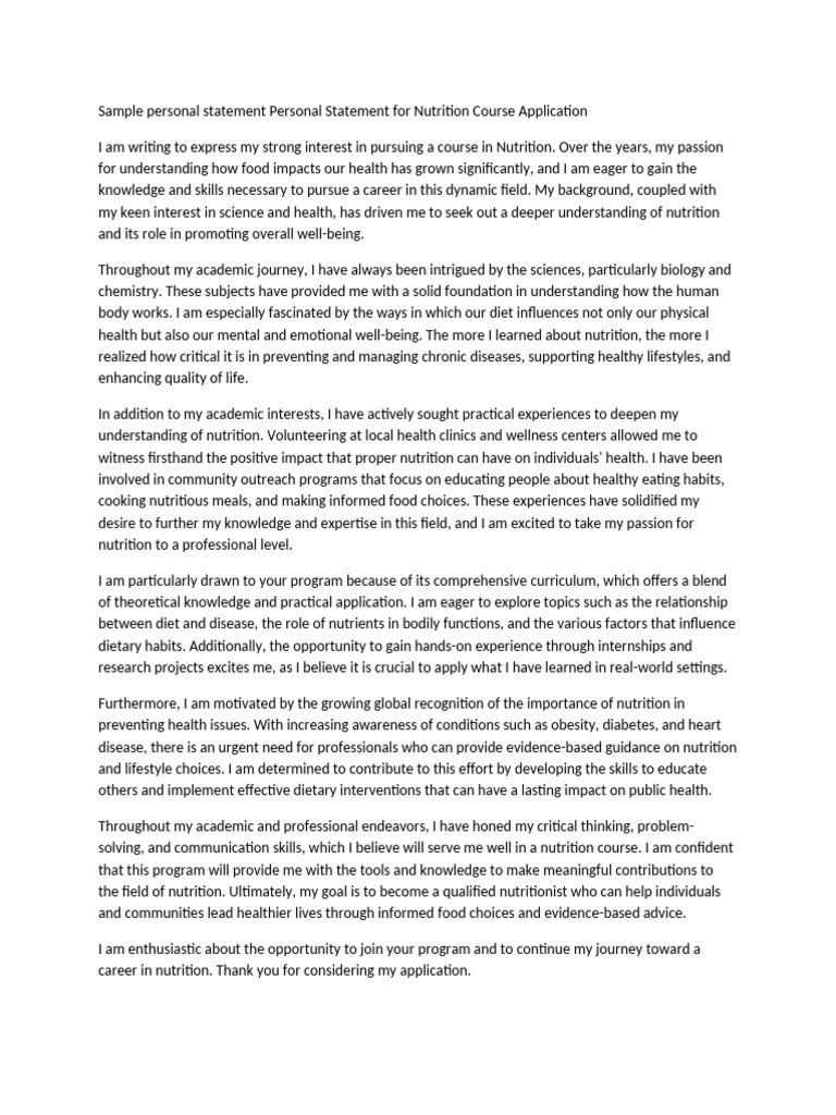 Sample Personal Statement Personal Statement For Nutrition Course ...