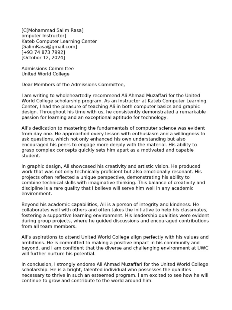 Ali Ahmad's Recommendation Letter | PDF