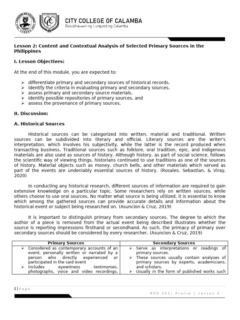 RPH PRELIM L2 Content and Contextual Analysis | PDF | Primary Sources