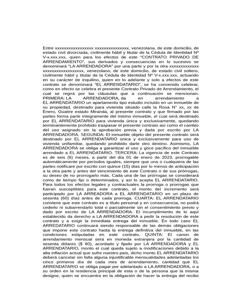 Modelo de Contrato de Arrendamiento en Venezuela | PDF | Pagos