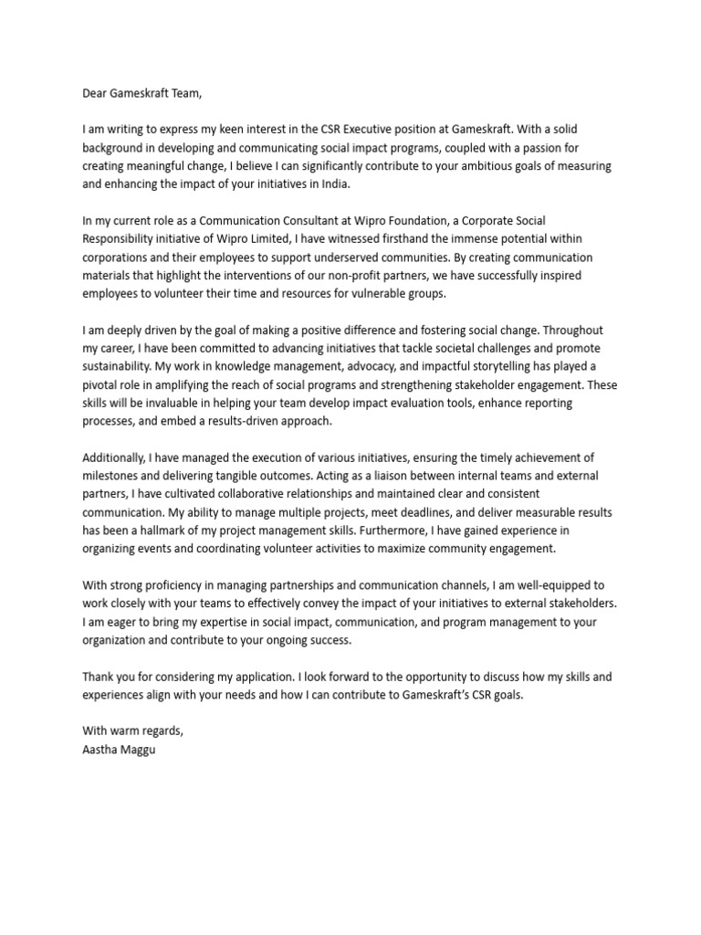 Aastha Maggu - Cover Letter | PDF | Corporate Social Responsibility ...