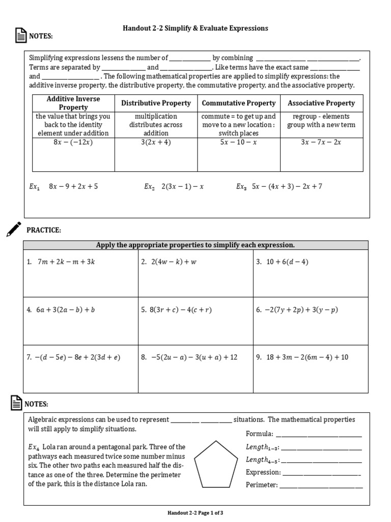 Handout 2-2 Simplify & Evaluate Expressions | PDF | Subtraction | Length