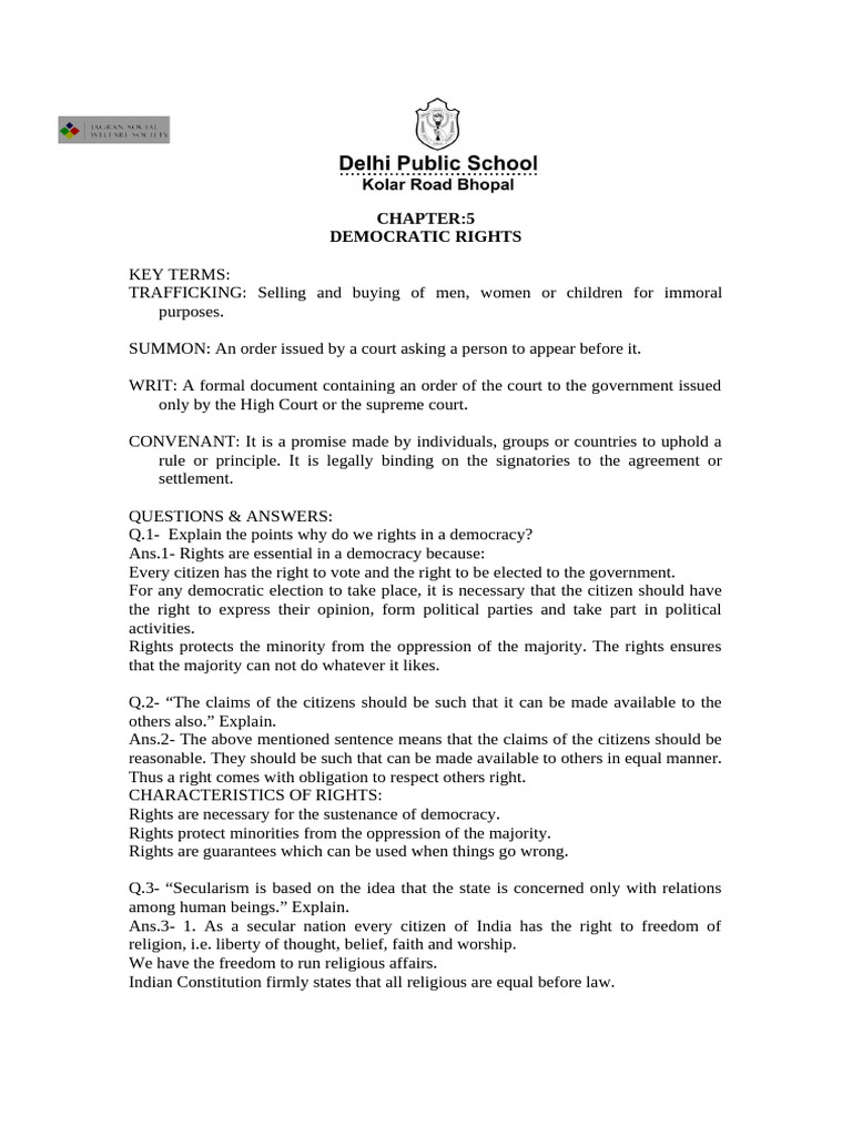 Chapter 5 Democratic Rights Q & A | PDF | Rights | Social Ethics