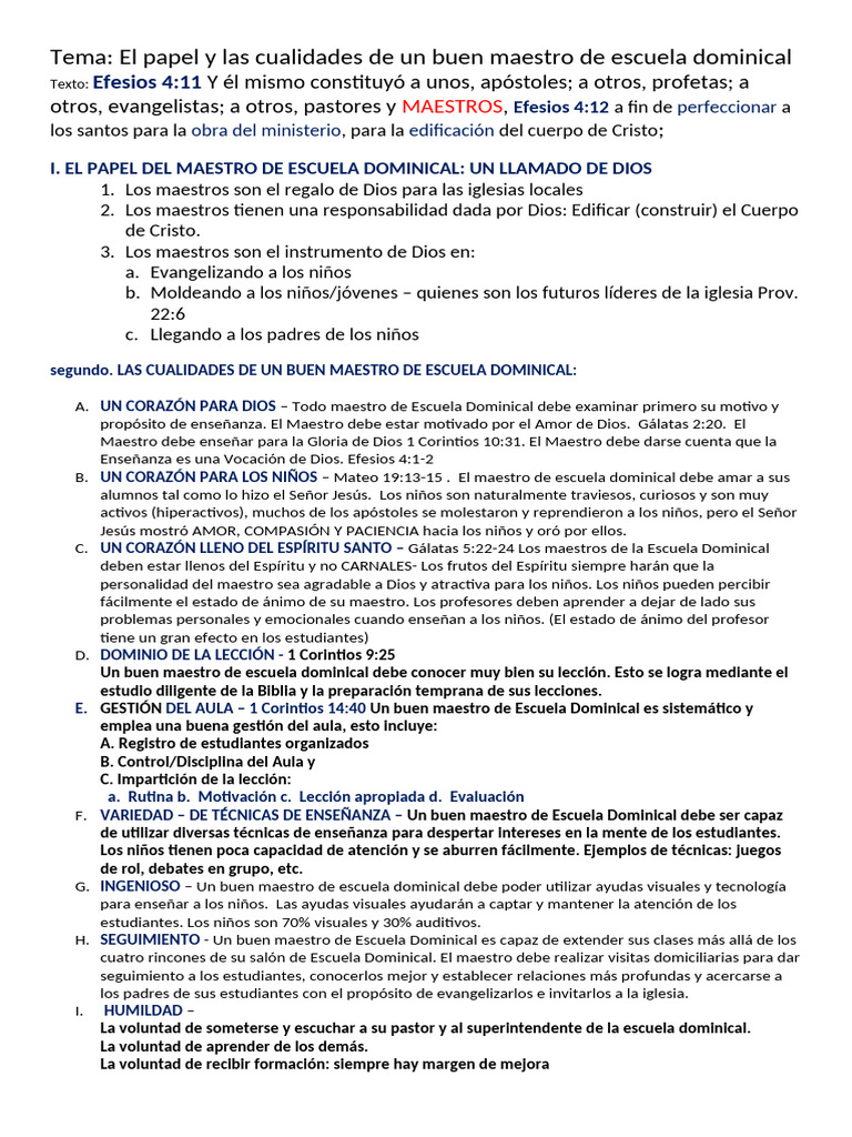 Papel y Cualidades de Un Buen Maestro de Escuela Dominical | PDF | Escuelas | Escuela dominical