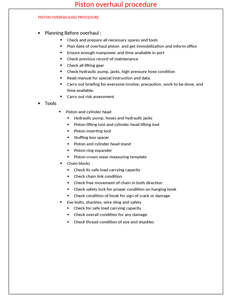 Piston Overhauling Procedure | PDF | Valve | Piston