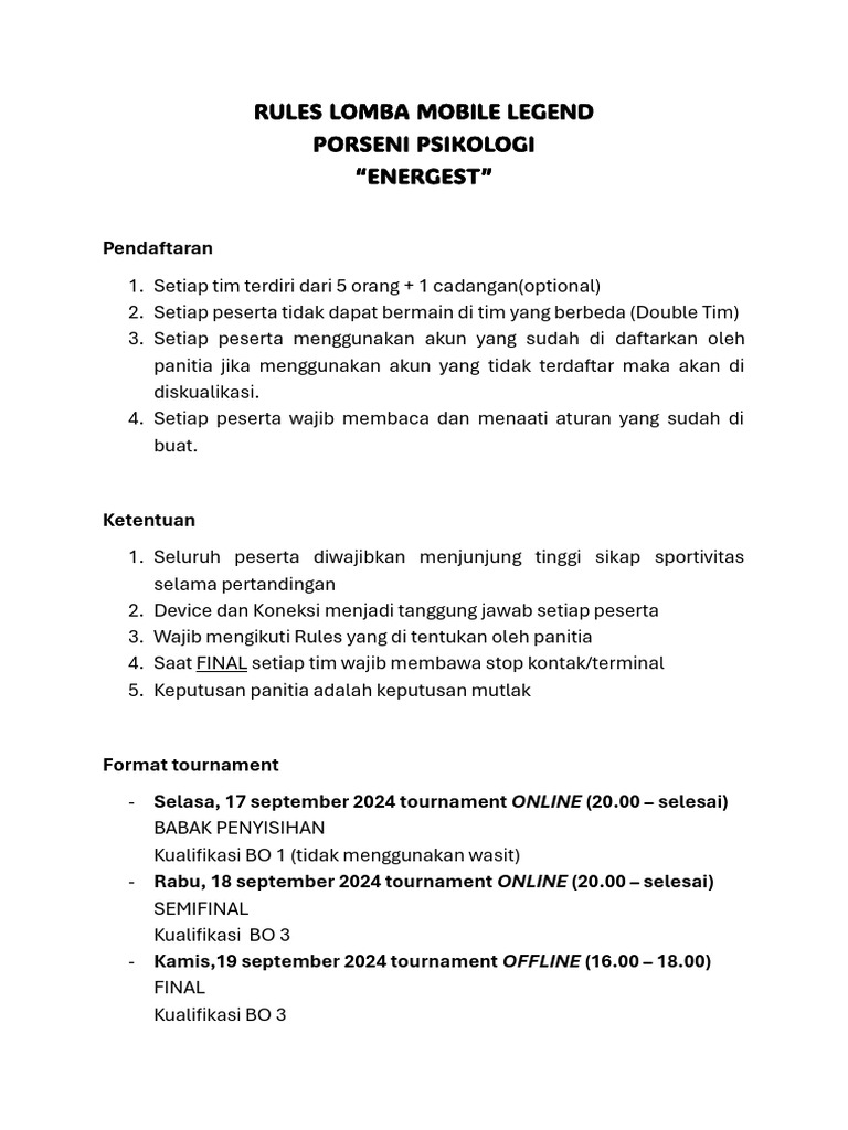 Aturan Lomba Mobile Legend 2024 | PDF