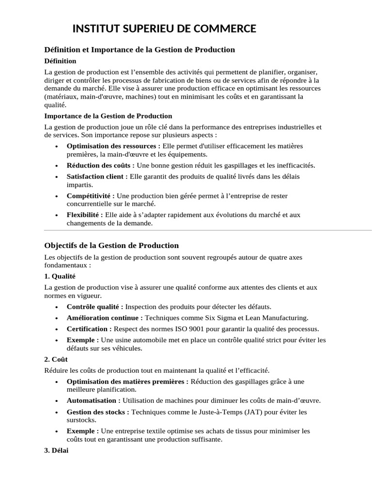 Gestion de Production : Définition et Importance | PDF | Management de ...