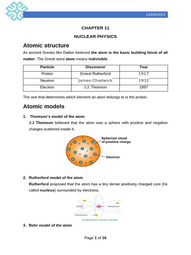 G12 PHYSICS CHAPTER 11 Complete Glory Be To Allah - Dotx | PDF | Nuclear Physics | Atoms