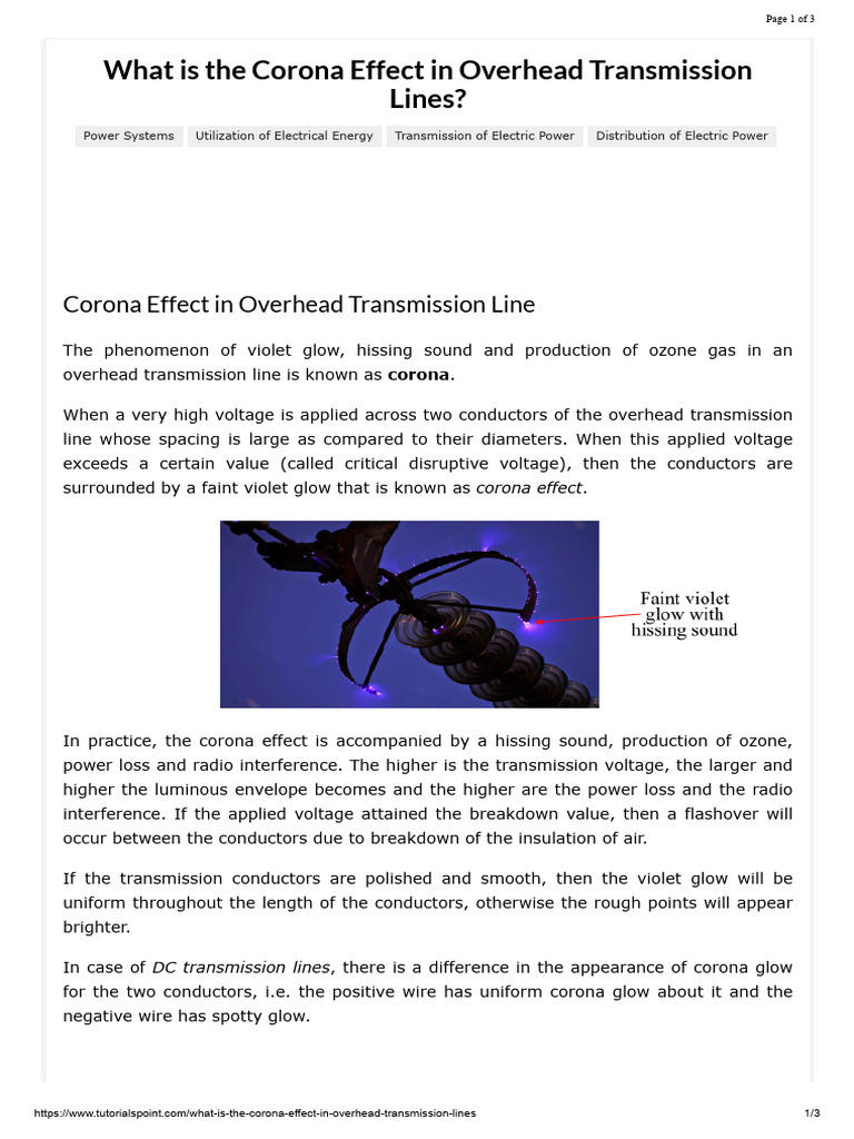 Corona Effect in Overhead Transmission Lines | PDF | Electric Power ...