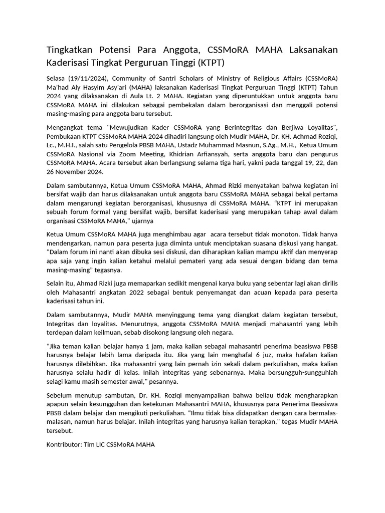 Tingkatkan Potensi Para Anggota, CSSMoRA MAHA Laksanakan Kaderisasi Tingkat Perguruan Tinggi ...