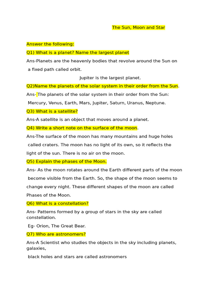 Class 3-The Sun, Moon and Star | PDF