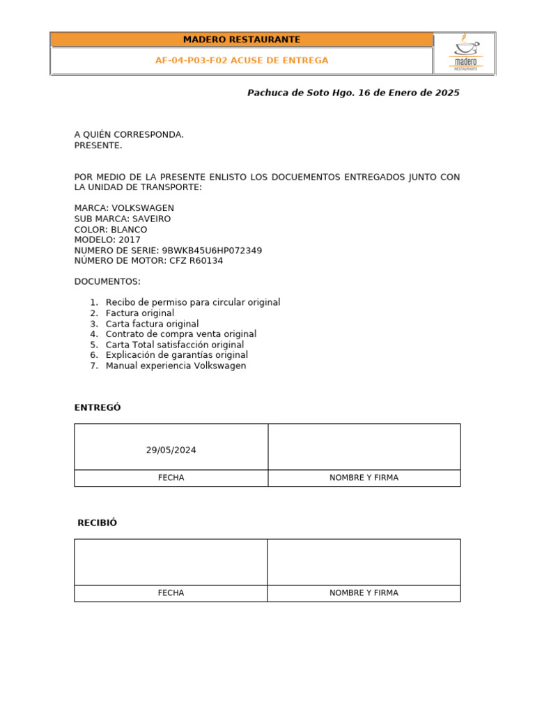 Acuse de Entrega Entregó Recibió | PDF