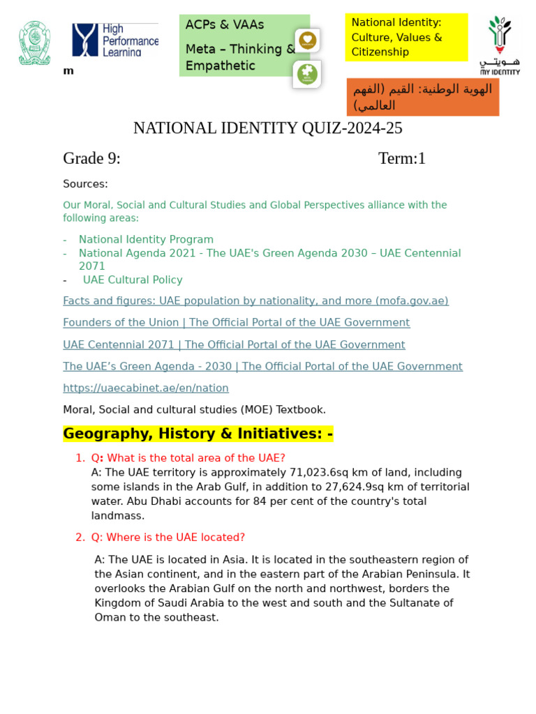 GR 9 NATIONAL IDENTITY QUIZ-2024-25 | PDF | United Arab Emirates ...