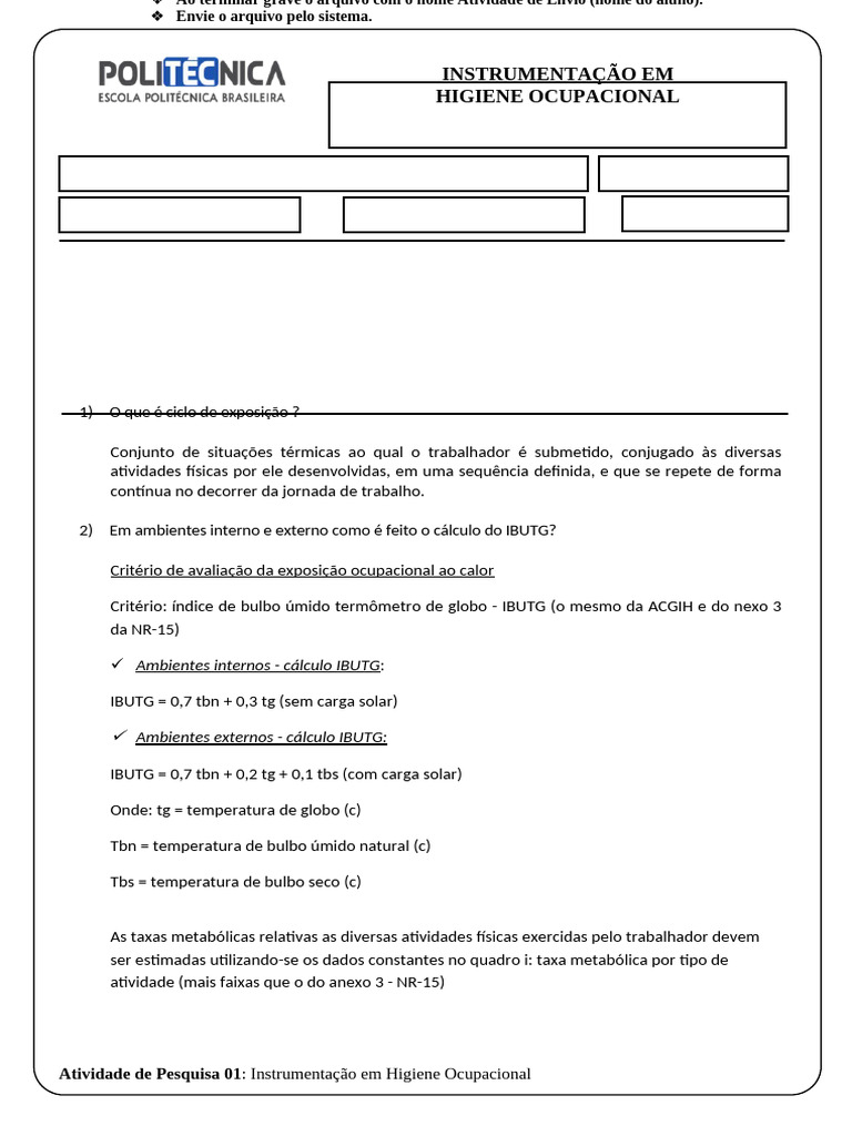 Cálculo IBUTG e Riscos Ocupacionais | PDF | Calor | Umidade