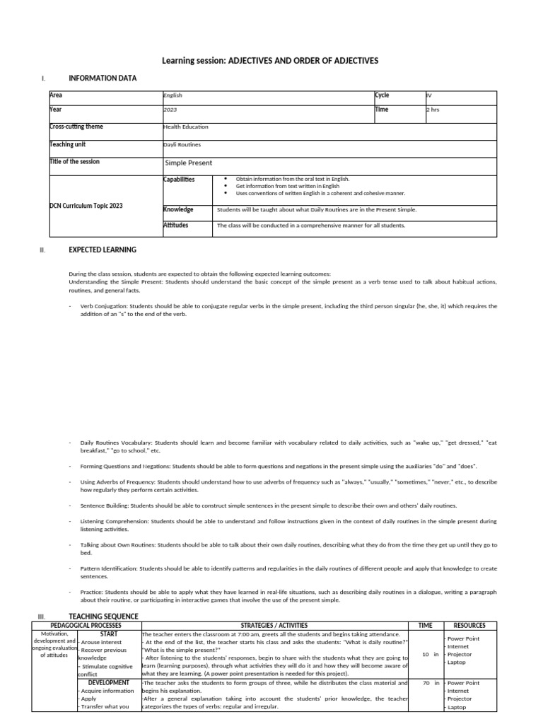 LEARNING SESSION - DAILY ROUTINES WITH THE PRESENT SIMPLE | PDF ...