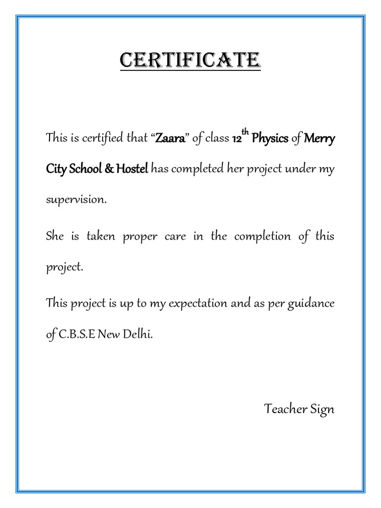 Class 12 Physics Project Certificate | PDF