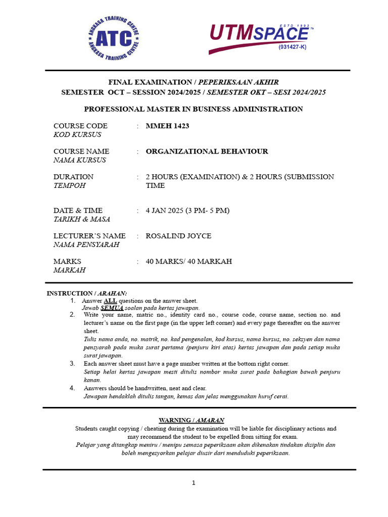 PMBA OB FINAL EXAM_OCT2024 | PDF | Leadership | Employee Retention