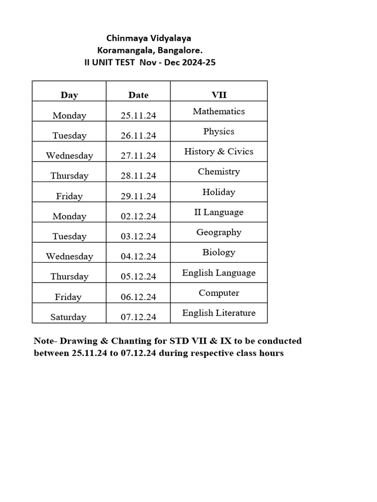 Vii STD II Unit Test Time Table 1731328730 | PDF