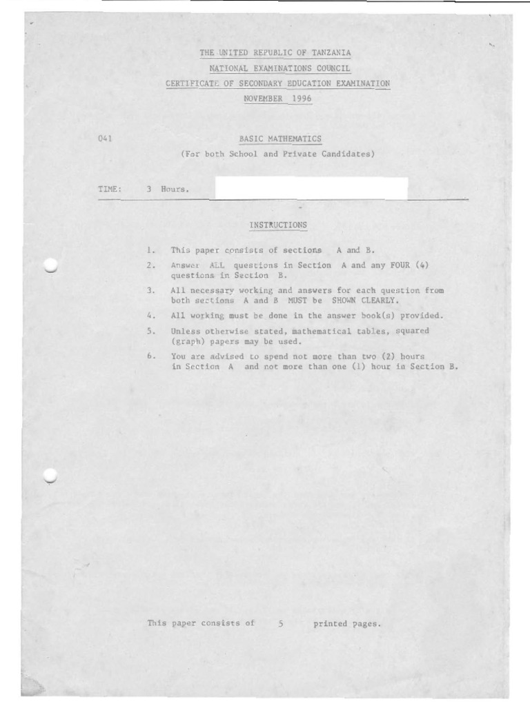 Ic Mathematics CSEE - 1996 | PDF | Mathematics