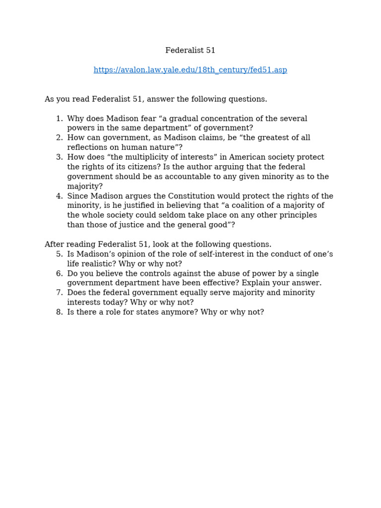 Federalist 51 Questions | PDF