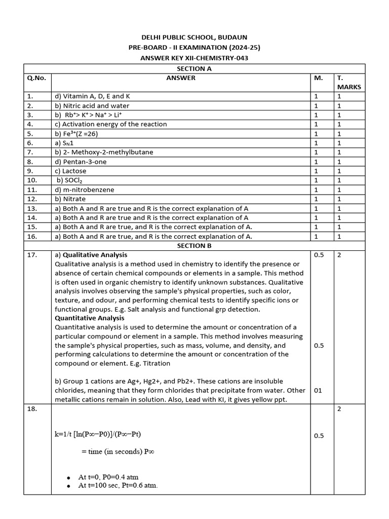 Class Xii Chemistry Answer Key Preboard 2 2024 25 | PDF | Ion | Salt ...