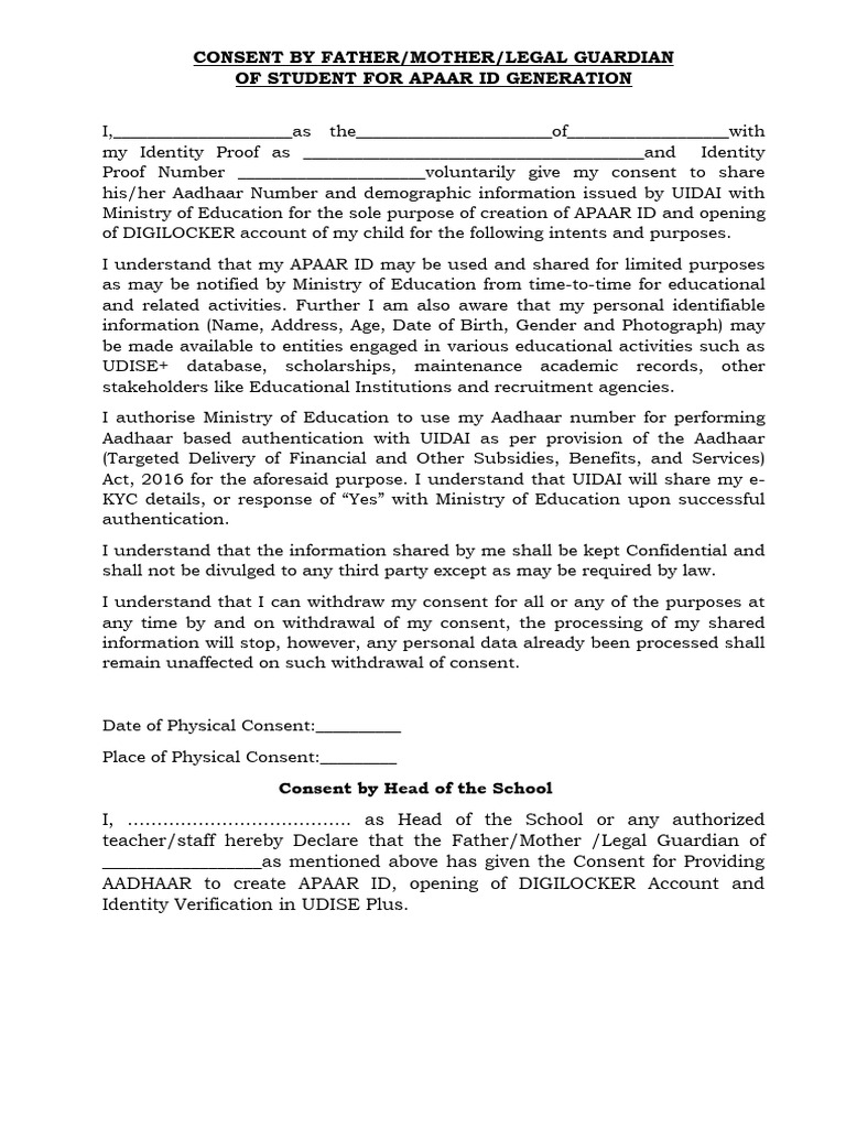 Parent Consent for APAAR ID Creation | PDF