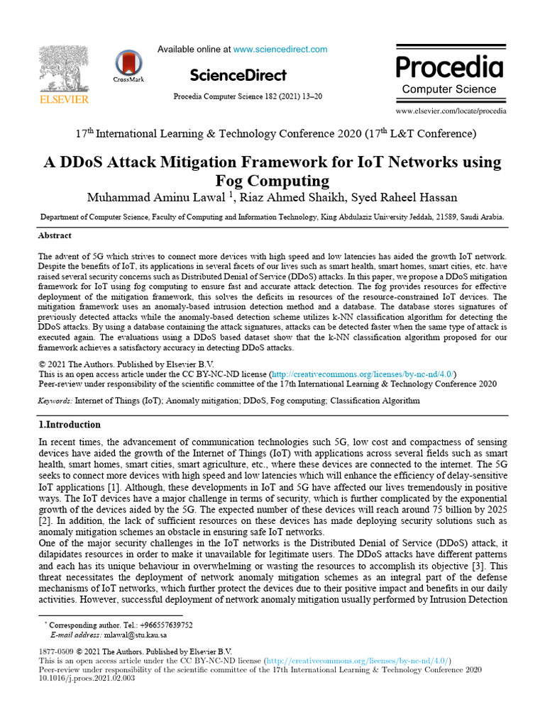 A Ddos Attack Mitigation Framework For Iot Networks Using Fog Computing Pdf Internet Of
