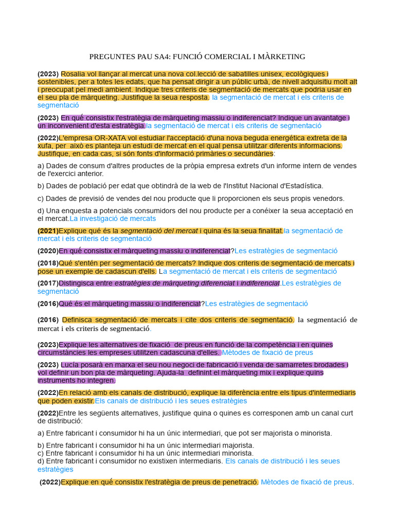 PREGUNTES PAU SA4 FUNCIÃ COMERCIAL I MÃ RKETING_saltv còpia | PDF