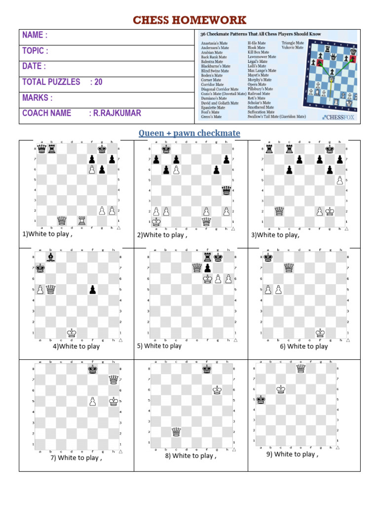Checkmate Patterns Chess Homework | PDF
