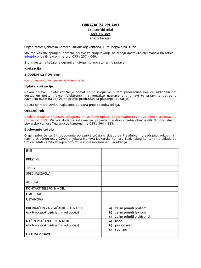 Prijavni Obrazac UZ Srca | PDF