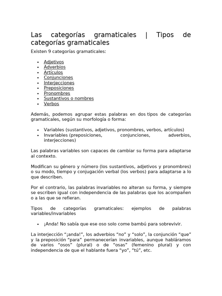 Tipos y ejemplos de categorías gramaticales | PDF | Sustantivo | Parte ...