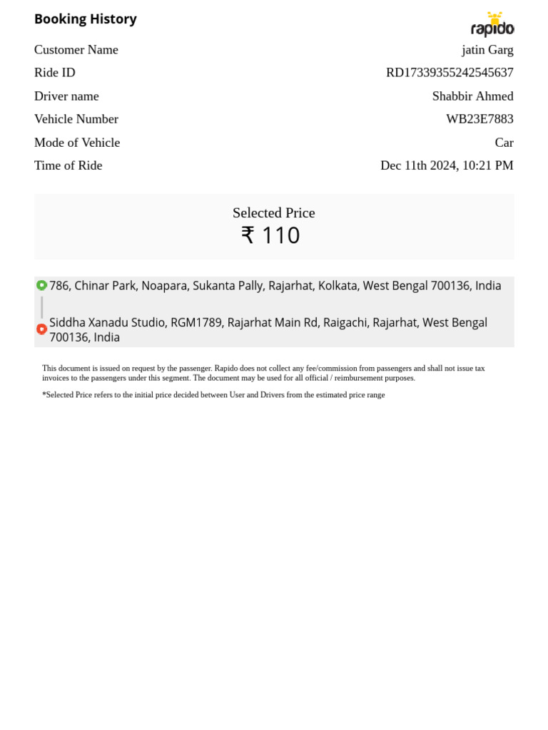 Ride Booking Confirmation Document | PDF