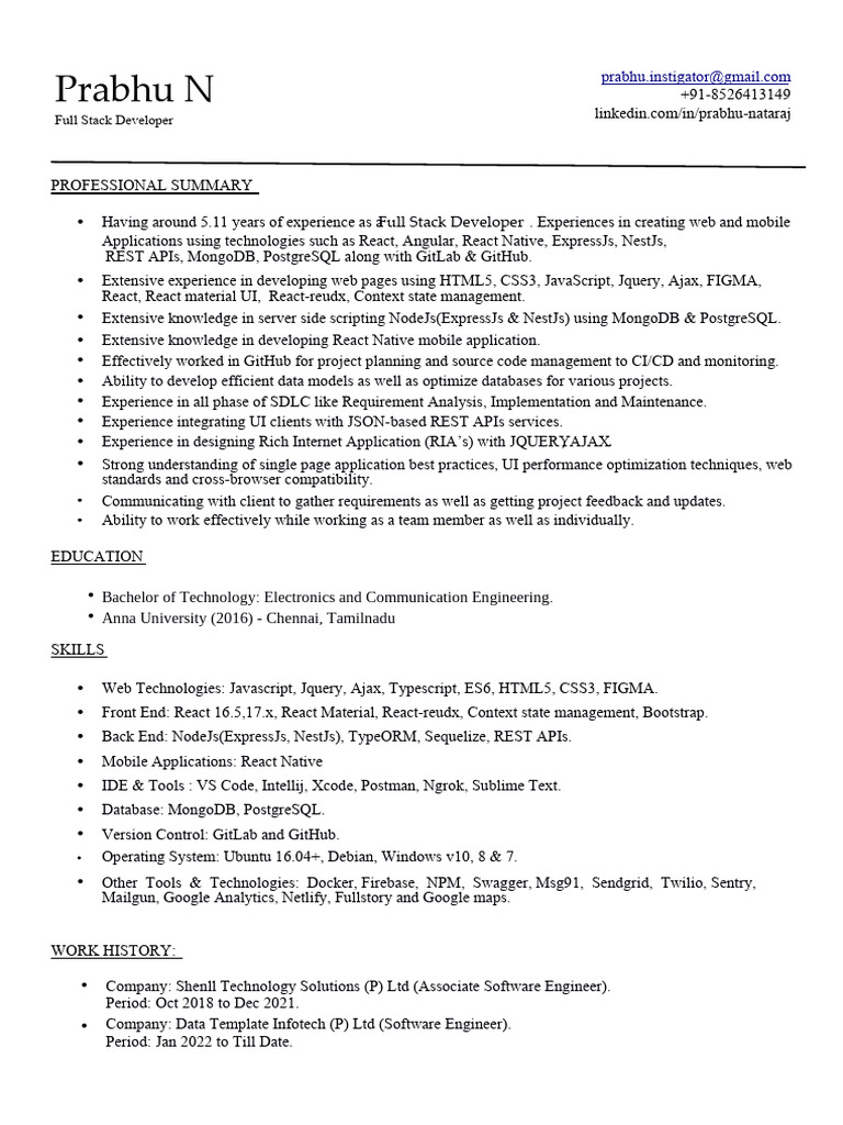 Full Stack Developer Resume - Prabhu N | PDF | Ajax (Programming) | World Wide Web