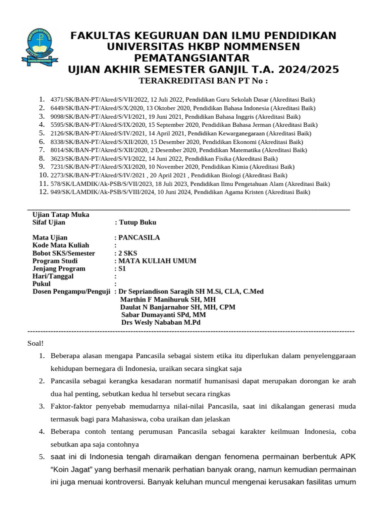 KISI SOAL UAS PANCASILA | PDF