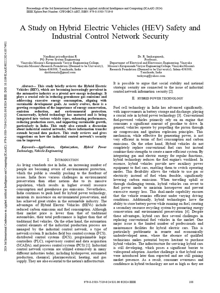 A Study On Hybrid Electric Vehicles HEV Safety and Industrial Control ...