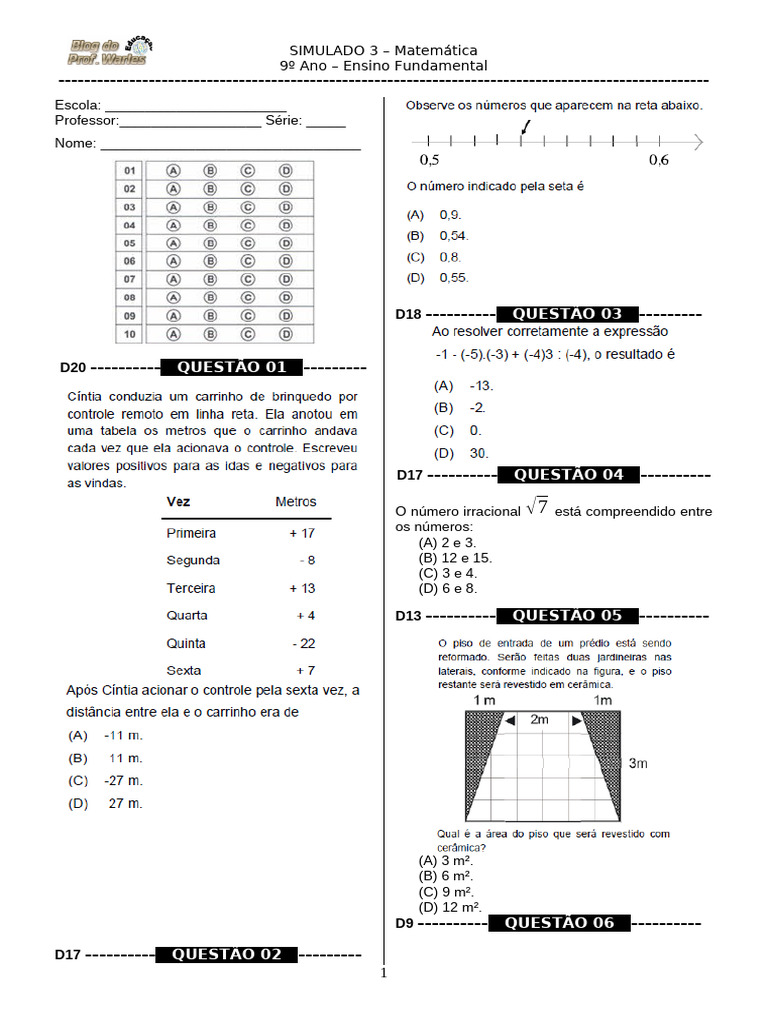 Simulado 03 (Mat. 9º Ano - Blog Do Prof. Warles) | PDF | Triângulo | Geometria Elementar