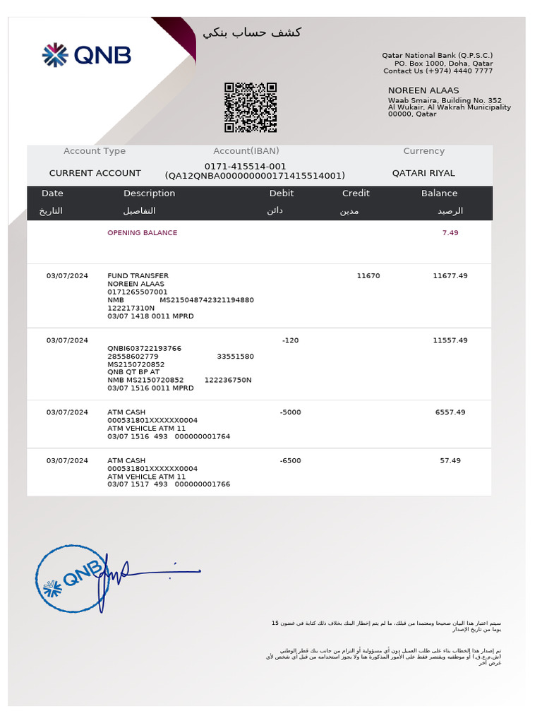 Qatar National Bank Statement July 2024 | PDF | Qatar | Banks