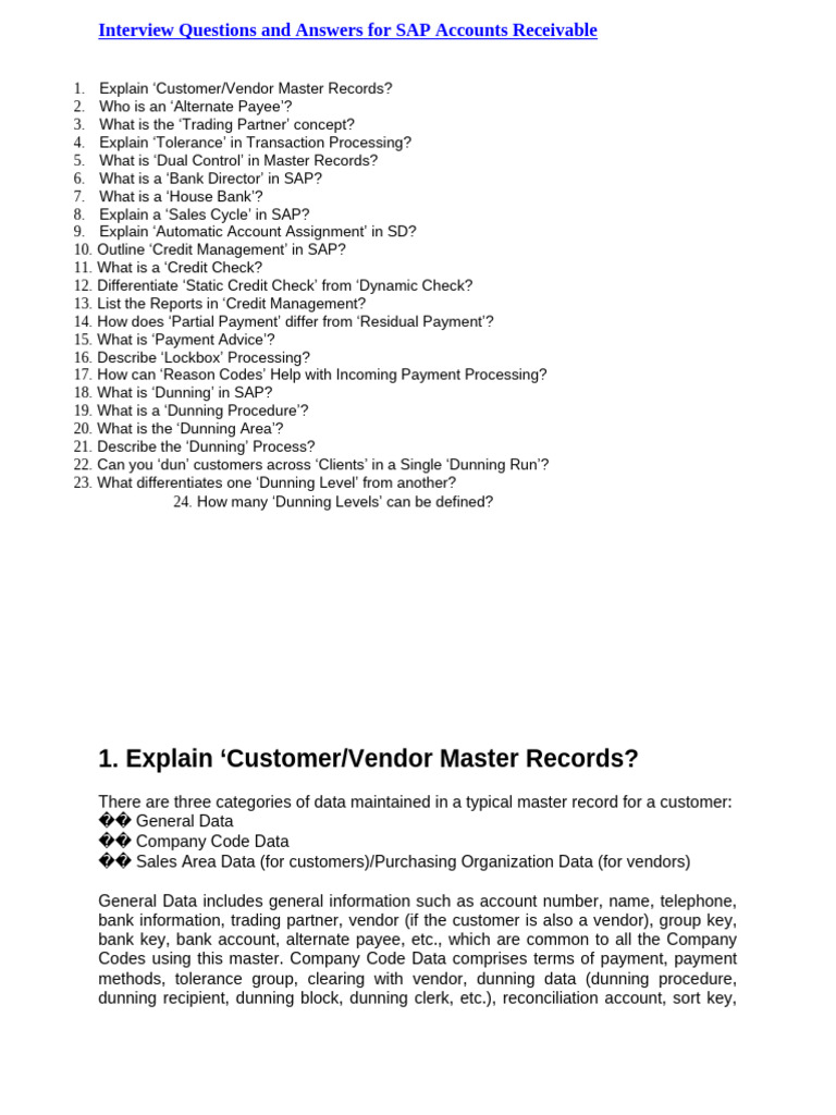 Interview Questions and Answers For SAP Accounts Receivable | PDF | Payments | Invoice