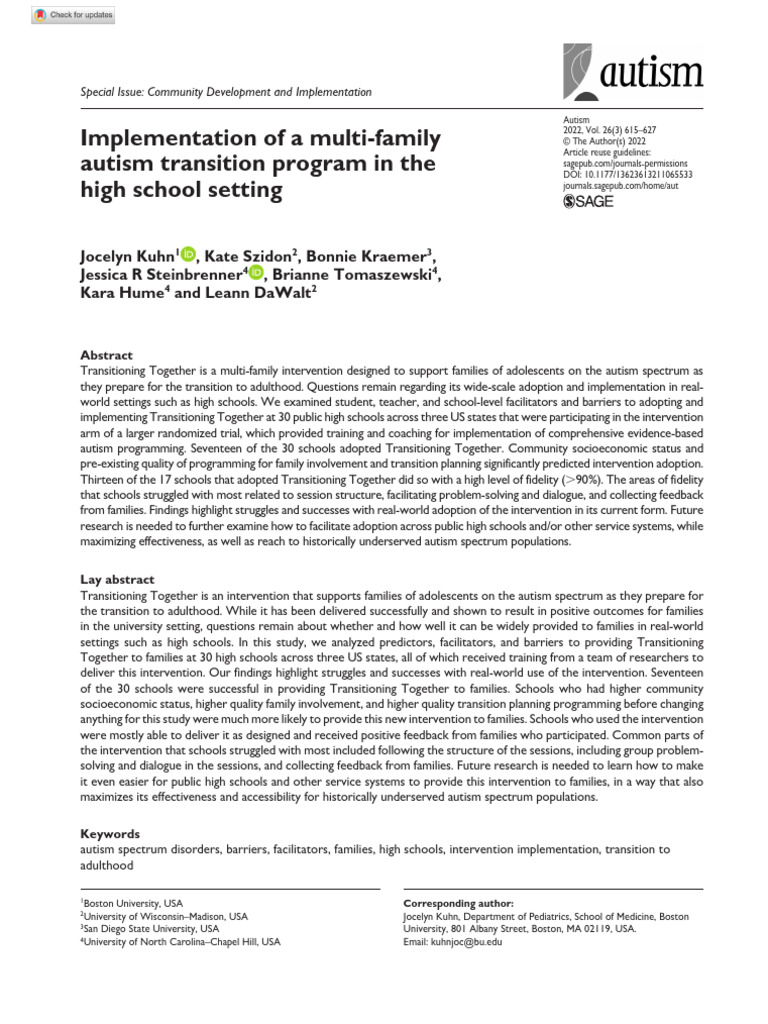 Implementation of A Multi-Family Autism Transition Program in The High ...